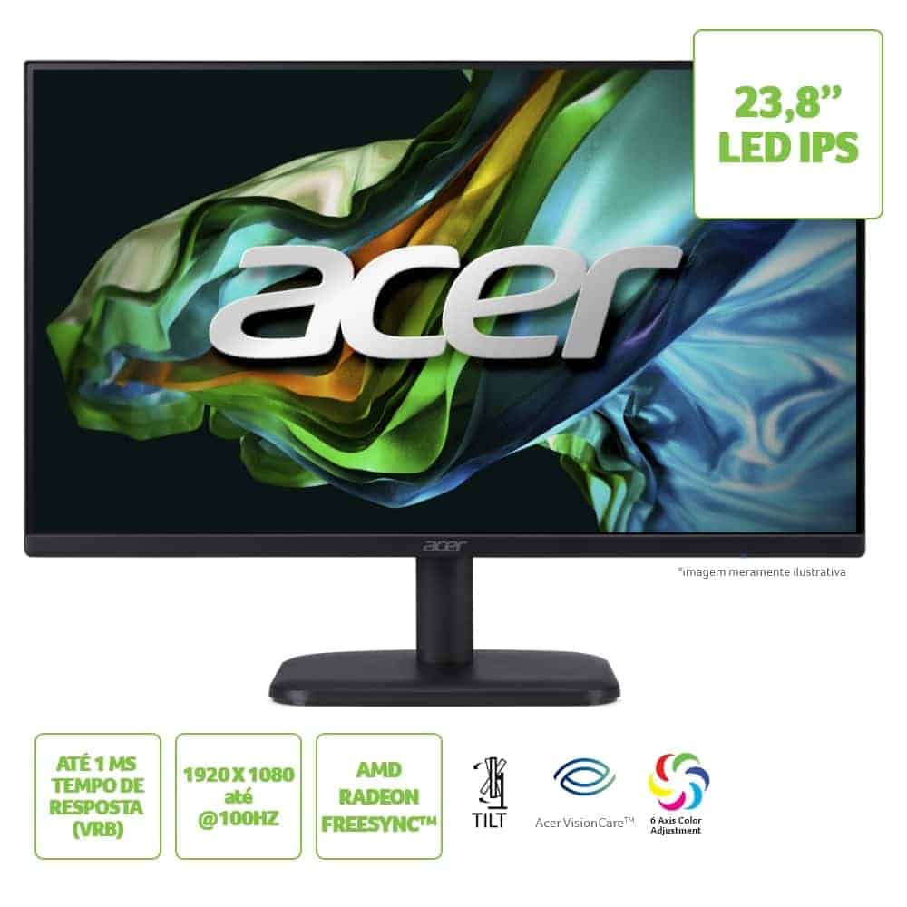MONITOR ACER EK1 series - EK241Y Ebi Preto LED IPS 23.8” FHD 1920 x ...